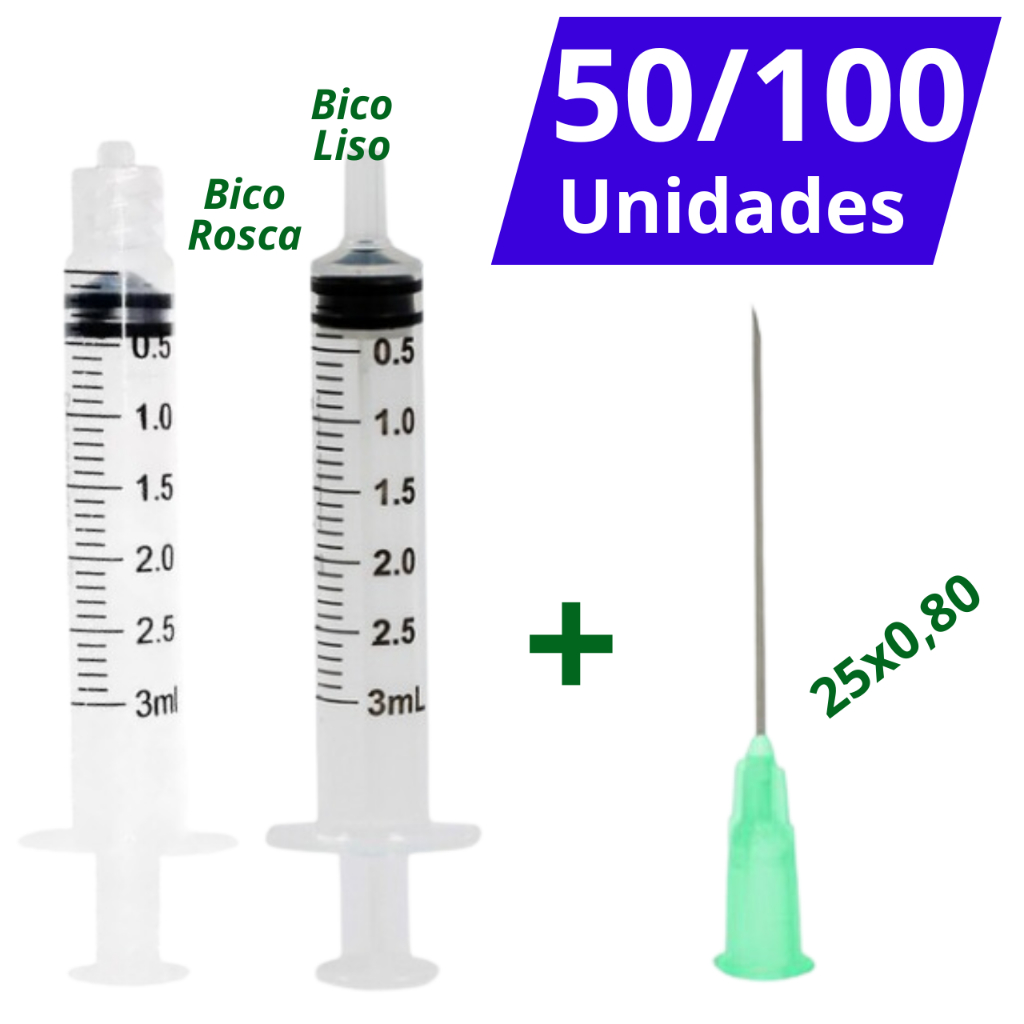 50/100 Unid. Seringa 3ml Bico Liso/Rosca + Agulha 25x8 Medix/Descarpack ...