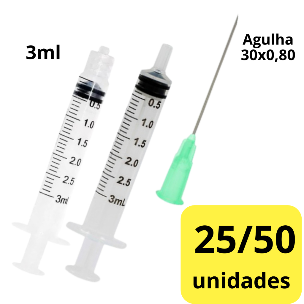 25/50 Unid Seringa 3ml Bico Liso/Rosca + Agulha 30x8 Medix ou ...