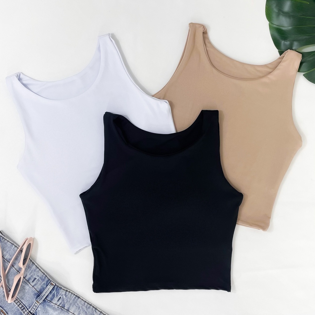 Kit 3 Cropped Feminino Top Regata Nadador Liso Básico Suplex Forro ...