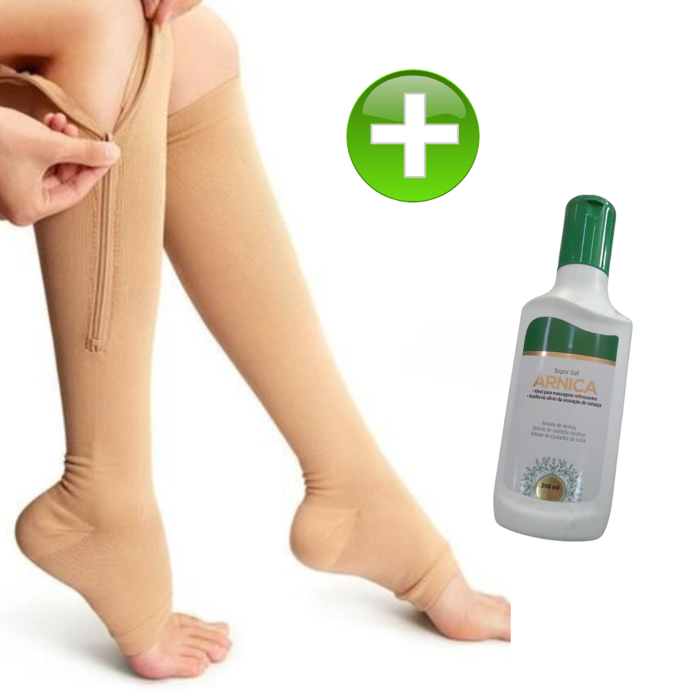Meia de Compressão Com Ziper Tratamento Varizes Trombose + Gel Arnica ...