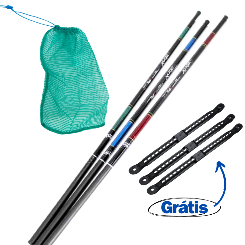 Kit Pesca Completo 3 Varas Telescópica 2,40m + Samburá Nylon Viveiro ...