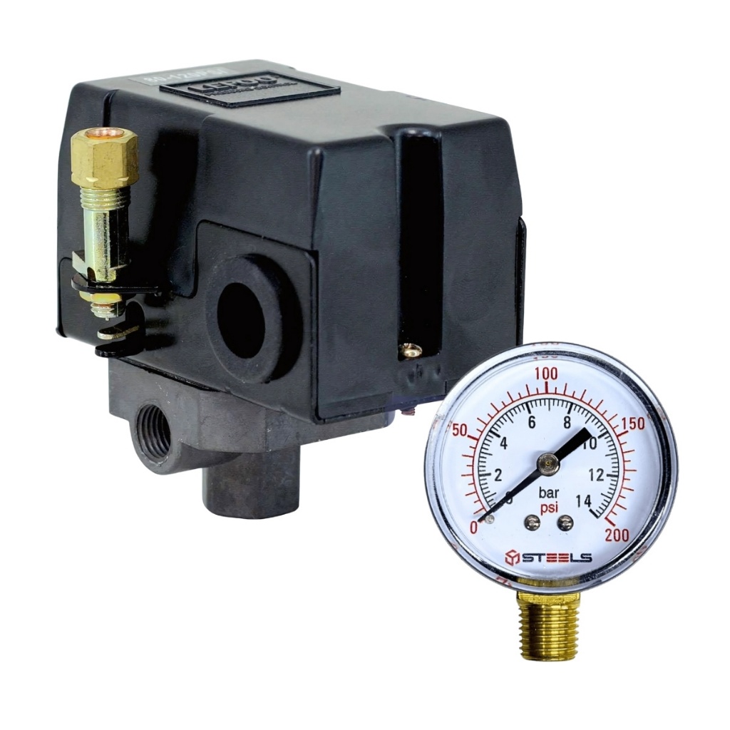 Kit Pressostato 100/140 PSI 4 Vias e Manômetro 200 LBS 1/4 | Shopee Brasil