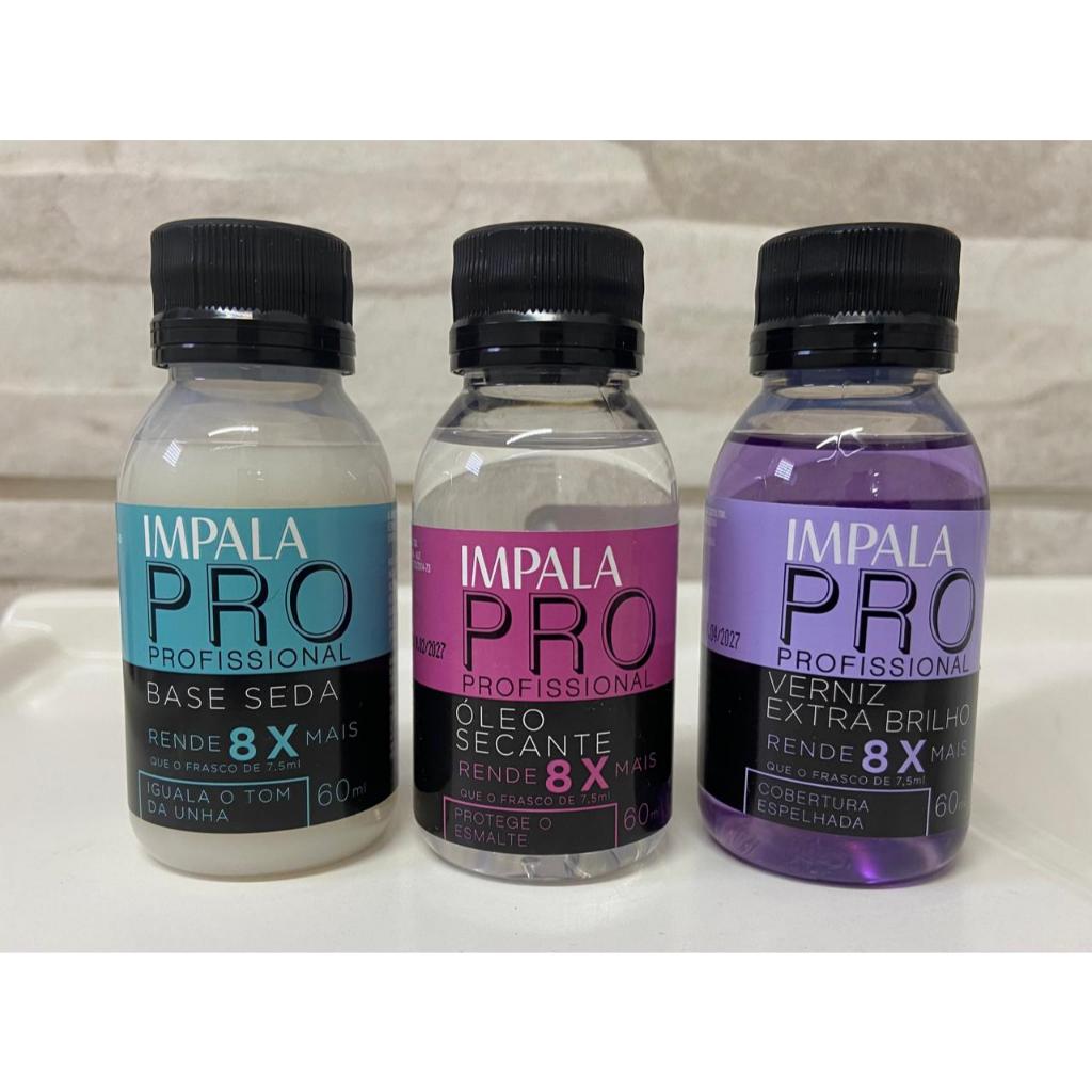 Esmalte Impala Pro - 1 Verniz Extra Brilho + 1 Base Seda + 1 Óleo Secante - 60ml | Shopee Brasil