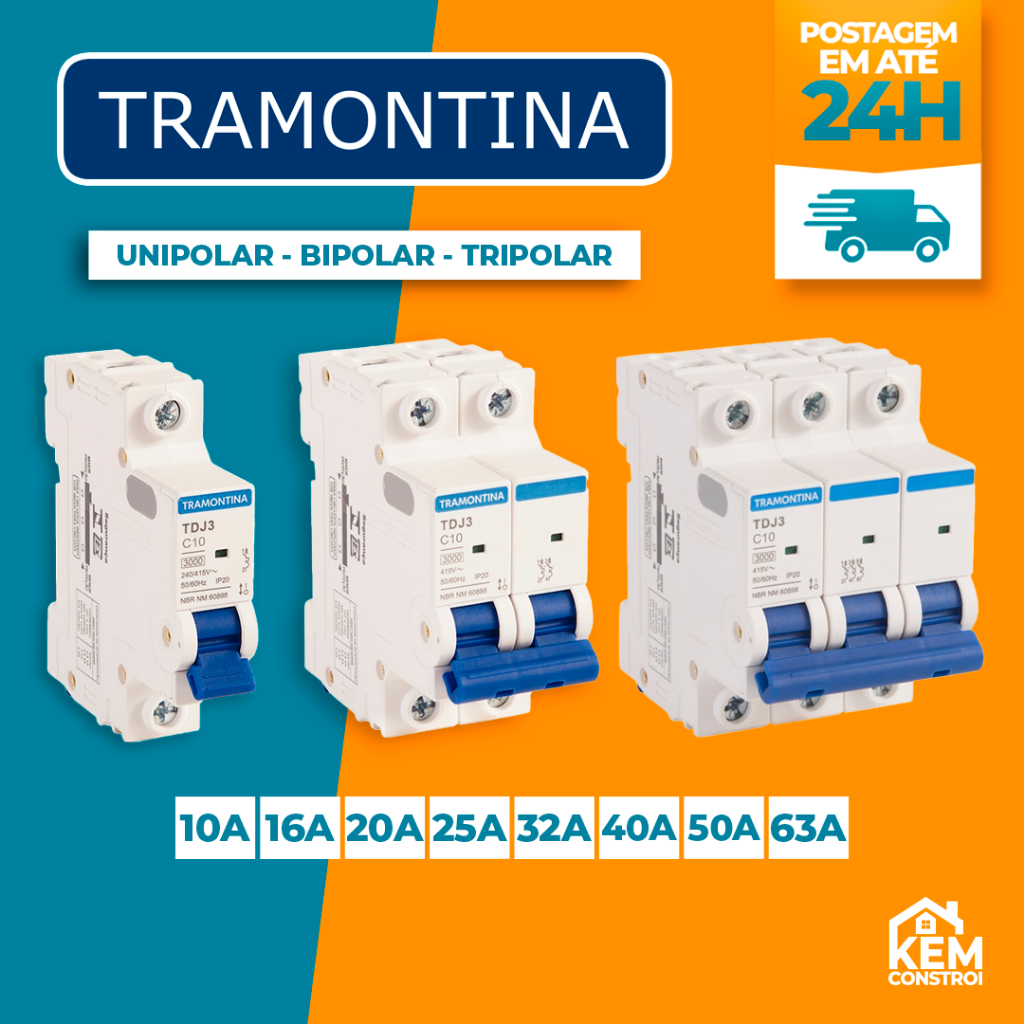 Disjuntor Unipolar/Bipolar/Tripolar 10A a 63A Curva C Tramontina | Shopee Brasil