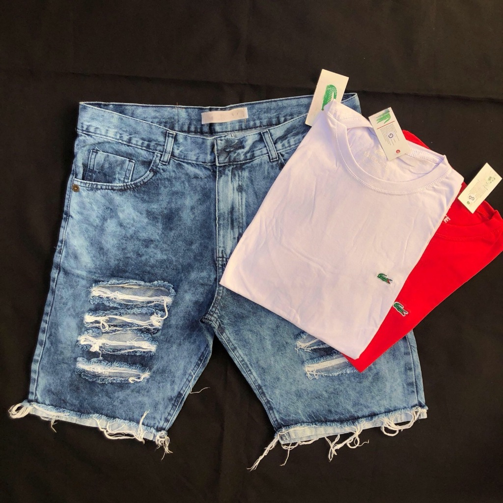 Kit Bermuda Jeans Masculina + Camisa Malha 100% Algodão / Short Jeans ...