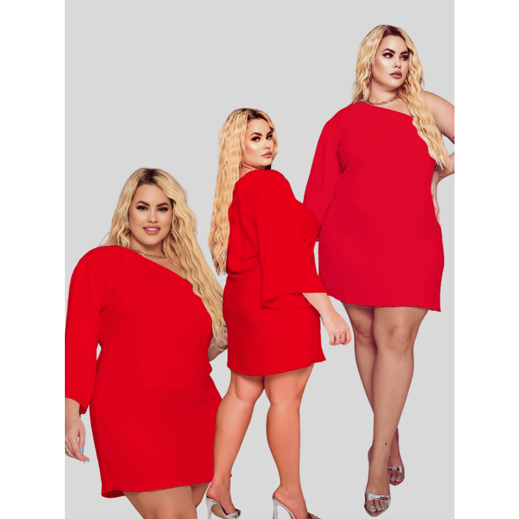 Vestido Curto Feminino Vermelho Natal Plus Size Mula Manca Manga Godê ...