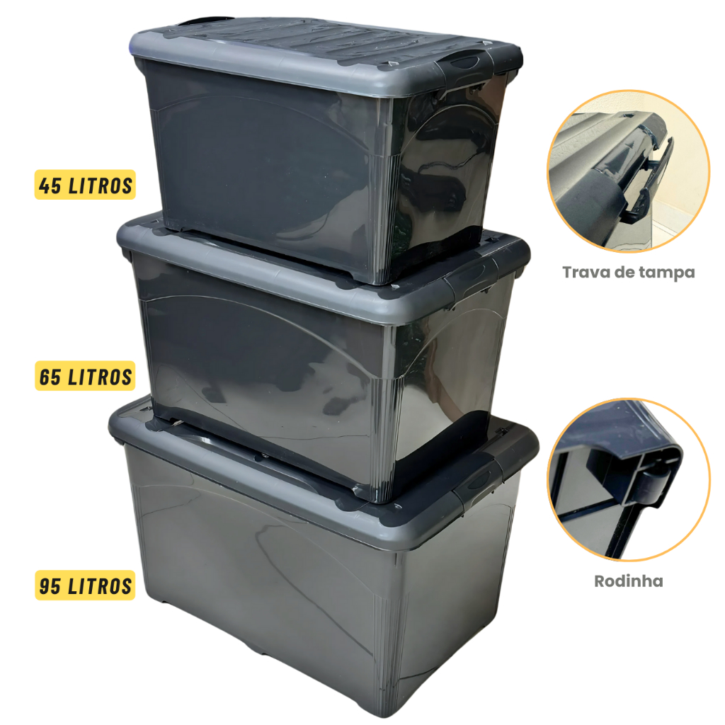 Caixa Organizadora Container 45L 65L 95L Com Tampa Trava e Rodinha ...