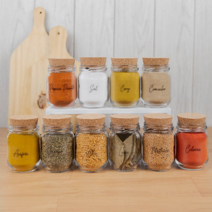 Kit 10 Potes de Tempero 200ml + Cartela de Temperos com 28 Adesivos ...
