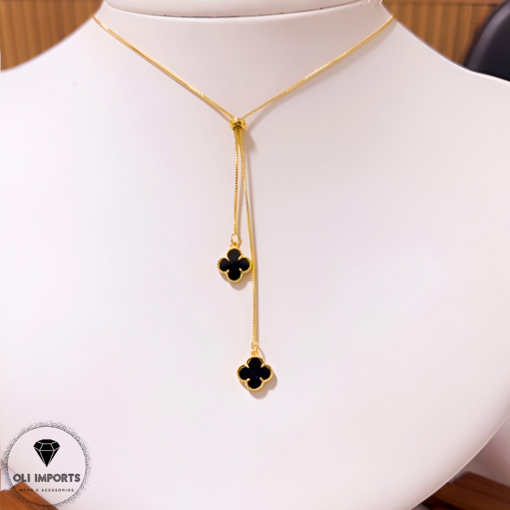Colar Trevo Duplo Feminino Gravatinha Banhado Prata 925 Ajustável Alto ...