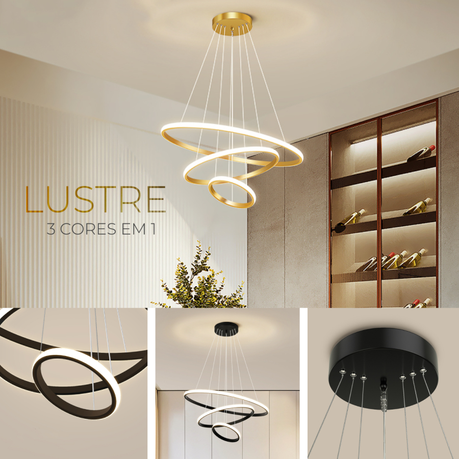 Lustre Moderno Luminaria Pendente 3 Anéis Inverse 60cm Led 3 Em 1 ...