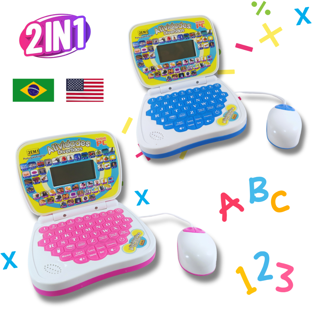 Laptop Infantil Menino Menina Educativo - C/ Mouse 2 em 1 Inglês e ...