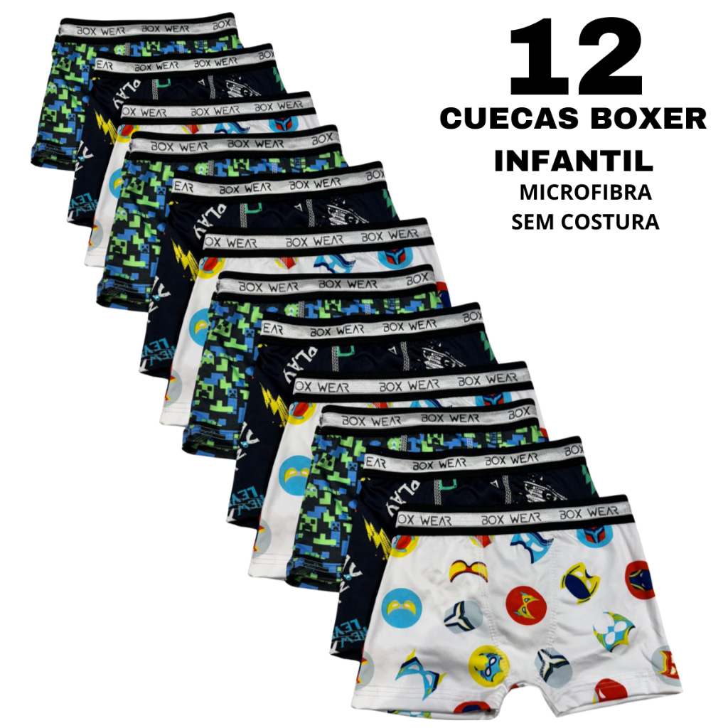 Kit 12 Cuecas Infantil Box Boxer Microfibra Estampada Sem Costura ...