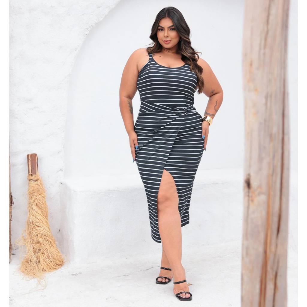 Vestido Plus Size Listado Com Fenda Grande Tendência Mk | Shopee Brasil