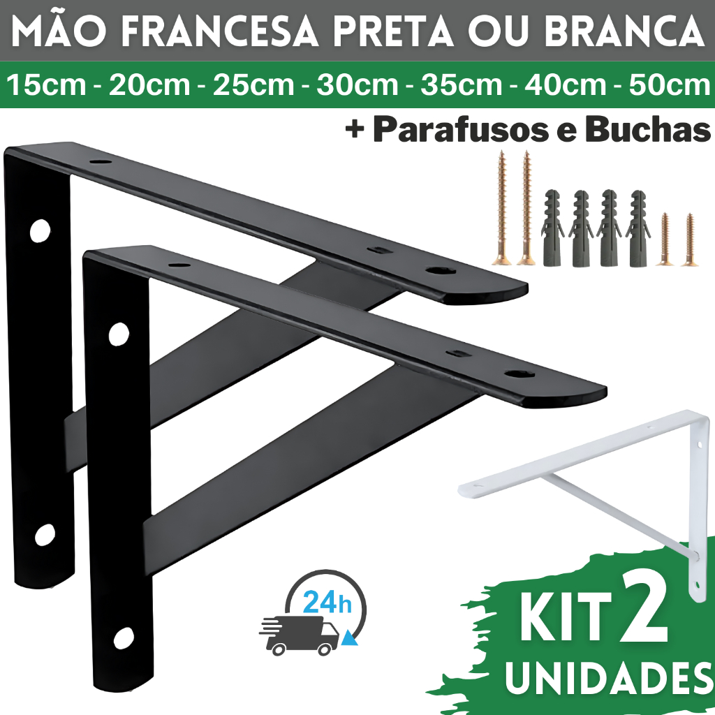 Kit 2 Mão Francesa Suporte Cantoneira Para Prateleira Escora Suporte Angular Bancada 15cm a 50cm ...