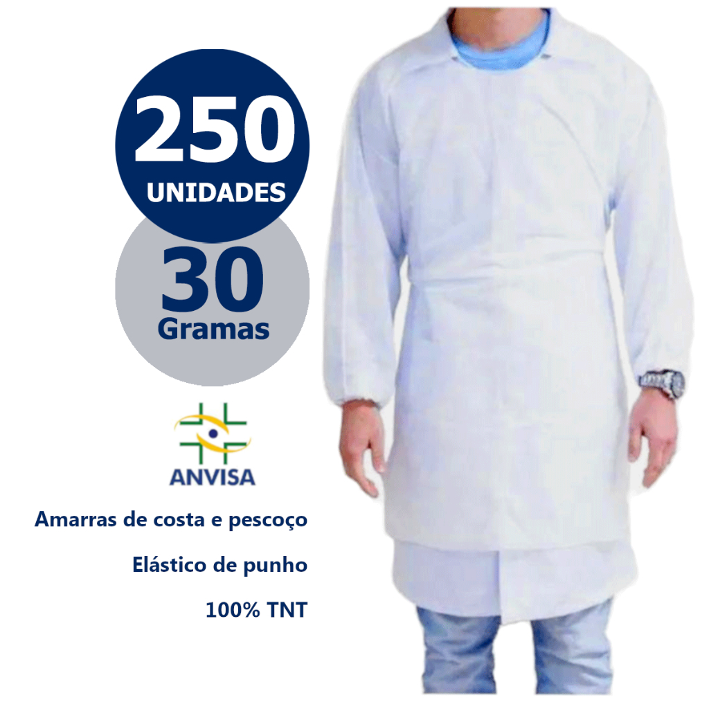 Avental Descartável Branco c/ manga longa TNT GRAMATURA 30gr - KIT 250 ...