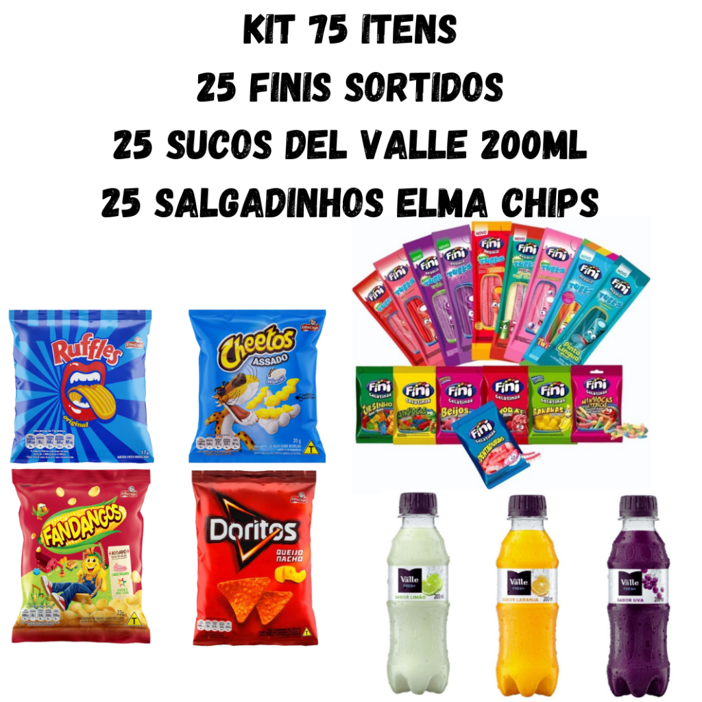 KIT 75 ITENS - 25 FINIS SORTIDOS + 25 SUCOS DEL VALLE 200ml + 25 SALGADINHOS ELMA CHIPS | Shopee ...