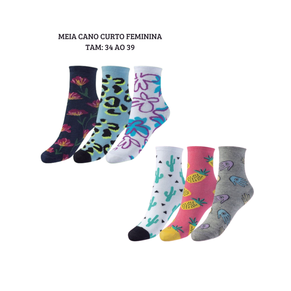 Kit 3 Meias ou Kit 6 Meias Femininas Coloridas Cano Médio Floral Animal ...