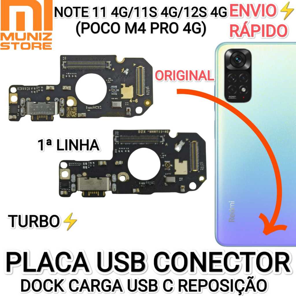 Placa USB Redmi Note 11 4G/11S/12S 4G/Poco M4 Pro 4G Original/1° Linha ...