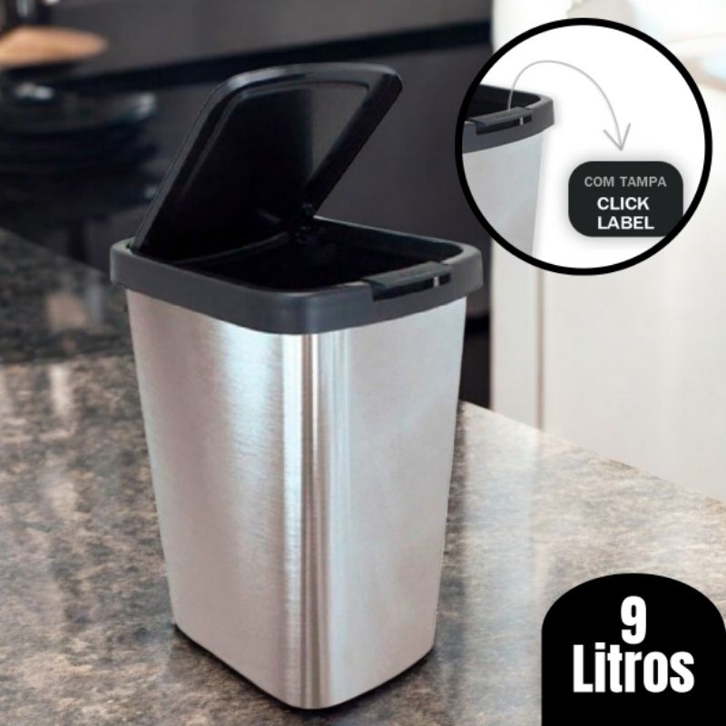 Lixeira Cesto 9 Litros com Tampa Click Label Inox Para Cozinha Banheiro Escritório Click Label ...