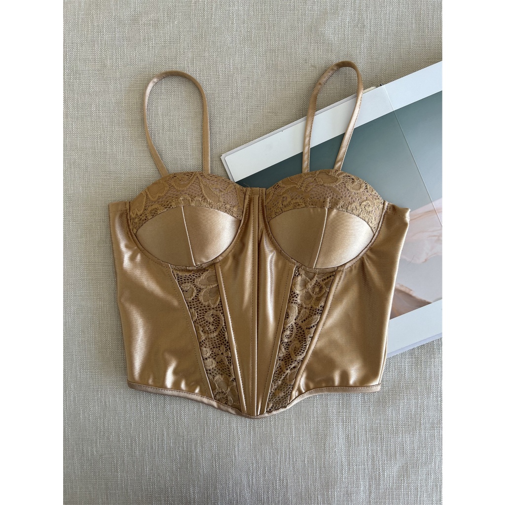Corset Cropped De Renda Feminino Acetinado Com Alça ，Amarrar na costa ...