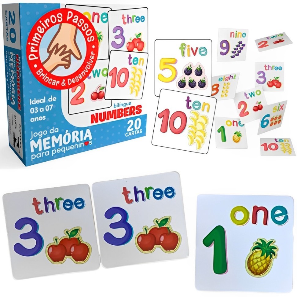 Jogo Da Memória Infantil Educativo Em Inglês Números E Frutas 20 Cartas ...