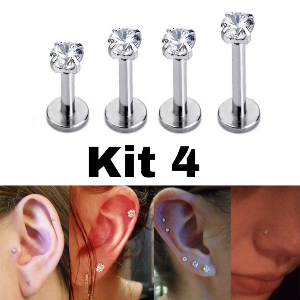 Kit 4 Piercing Labret Ponto De Luz Helix Tragus Conch Aço Cirúrgico 6 ...