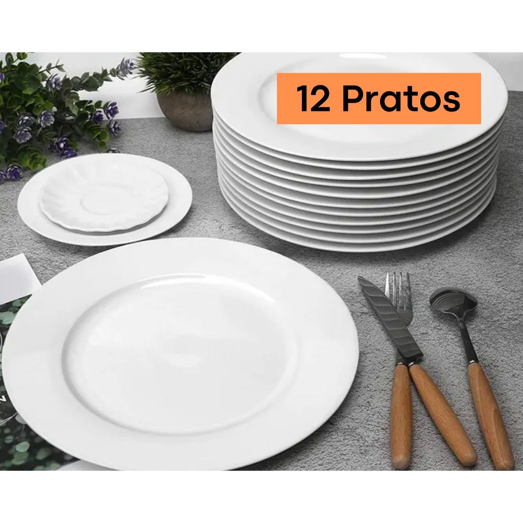 Jogo 12 Pratos Porcelana Raso Branco Profissional Premium P/ Cozinha ...