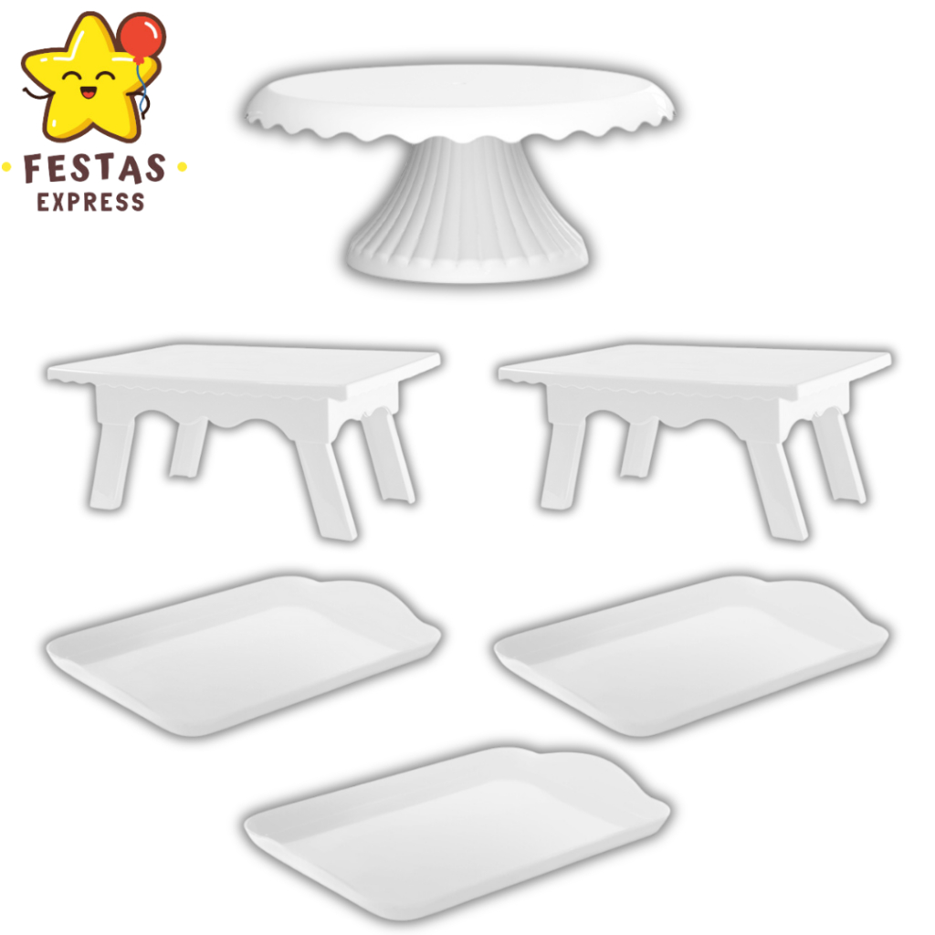 Kit Festa Decorativo - 1 Boleira Cake Renda 19cm , 2 Mesinhas e 3 ...