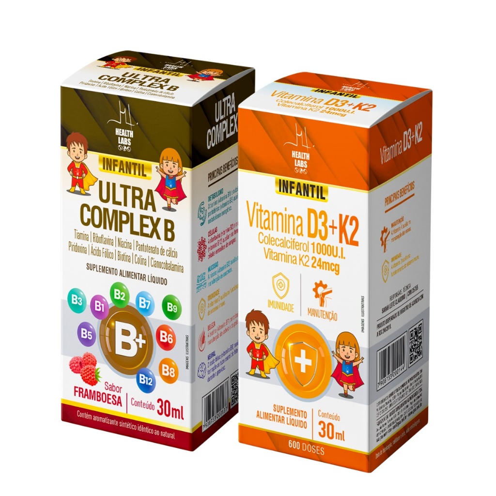 Kit Vitamina D3 K2 Infantil 30ml + Ultra Complex B Infantil 30ml Framboesa - Health Labs ...