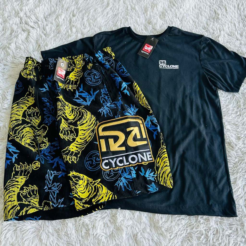 Conjunto Cyclone Bermuda Preta Estampa Tigres dourados e Camiseta ...