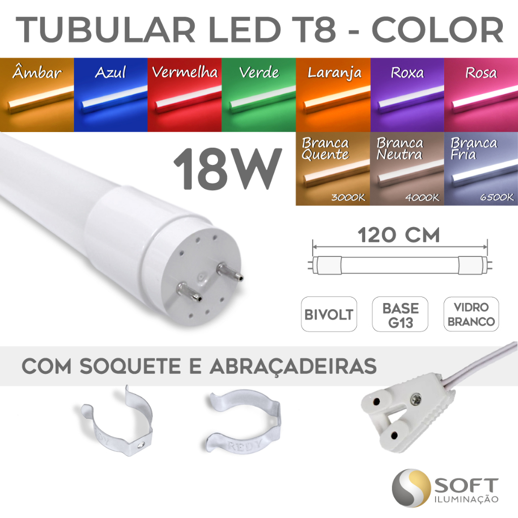 Kit 20 Lâmpadas Tubular LED T8 CORES 18W / 120cm Bivolt Base Bipino G13 ...