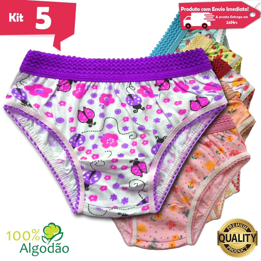 Kit 5 Calcinhas Infantil Algodão Cós Elástico Estampada Menina | Shopee ...