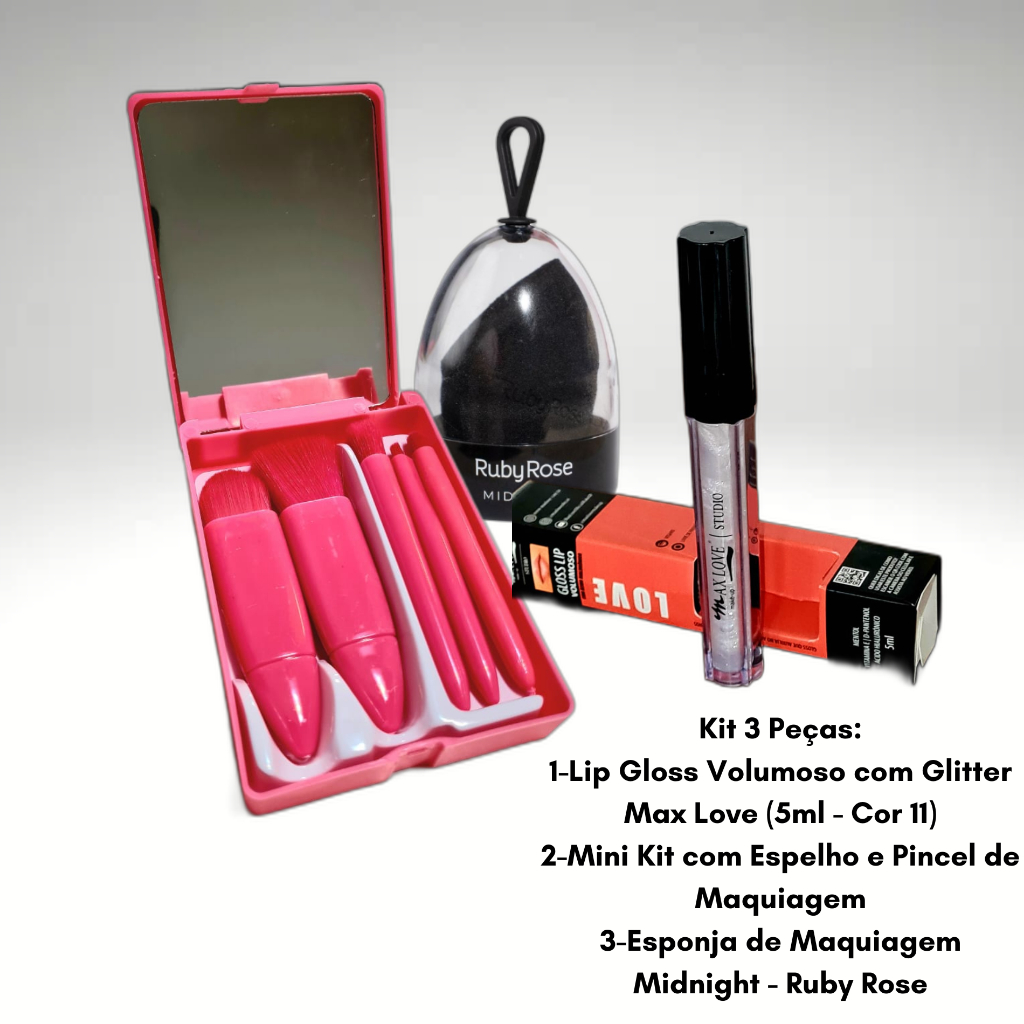 Kit Lip Gloss, Esponja Ruby Rose E Mini Pincel C/ Espelho | Shopee Brasil