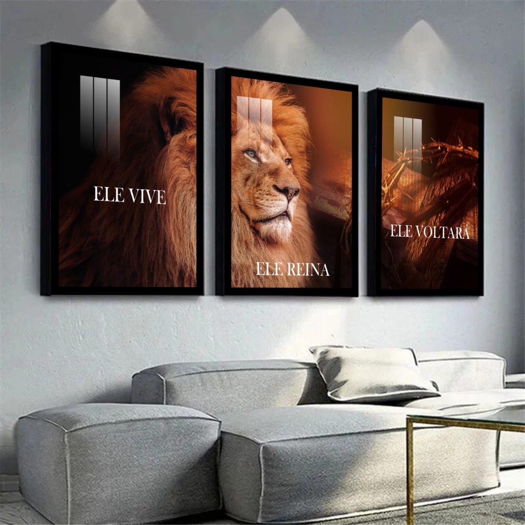 Quadro Decorativo 3 Peças Mosaico Leão Judá Ele Voltará Ele Vive Reina ...