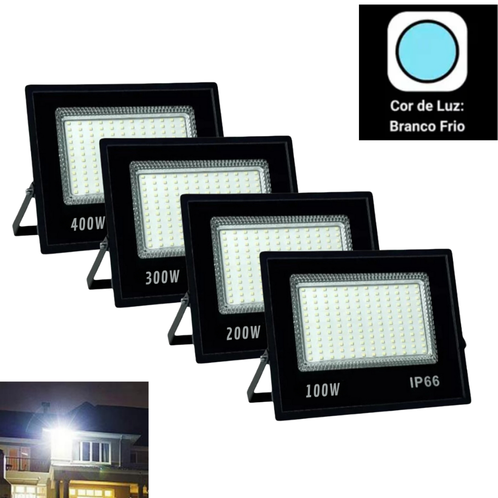 Refletor Holofote Branco Frio Led Forte Prova D Agua Bivolt Grande 100w 200w 300w 400w Watts ...