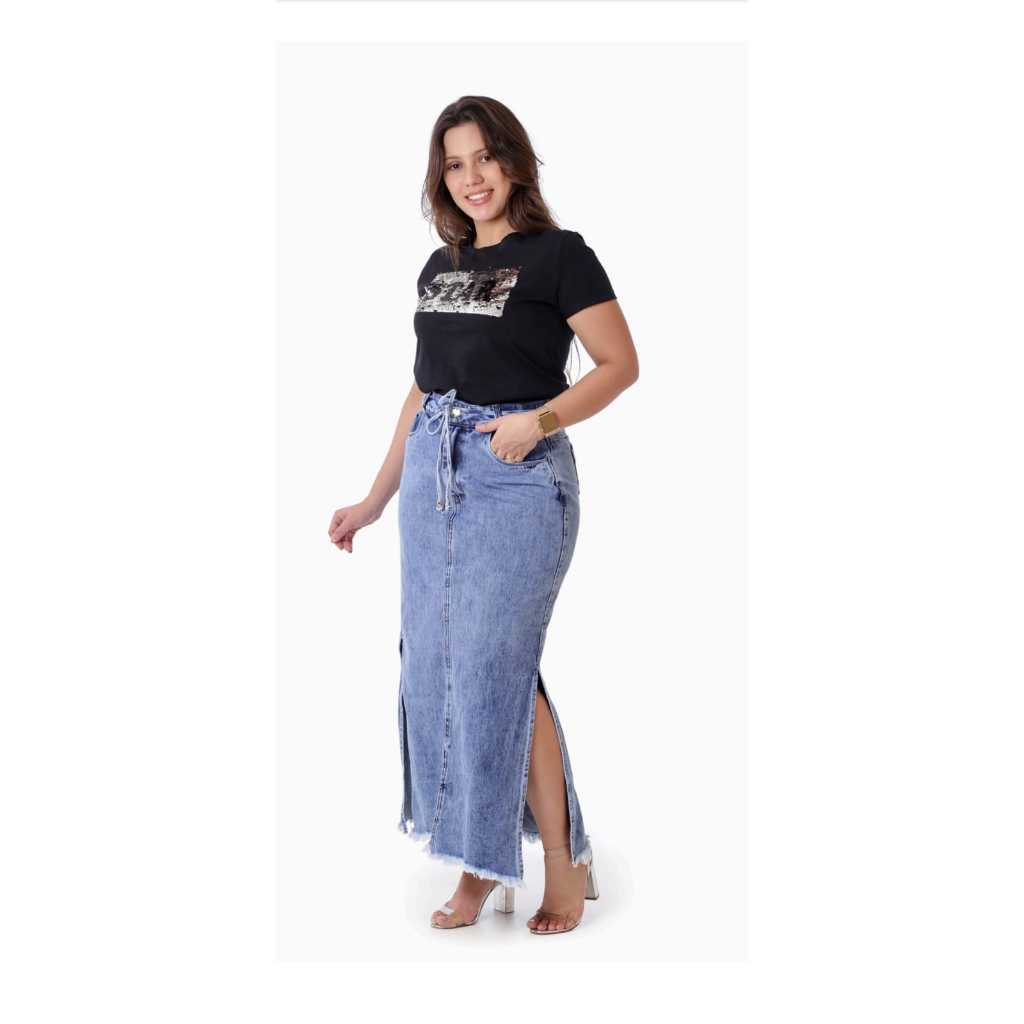 Saia Jeans Longa com Fenda Vecchi Moda Evangélica Ref.2486 | Shopee Brasil