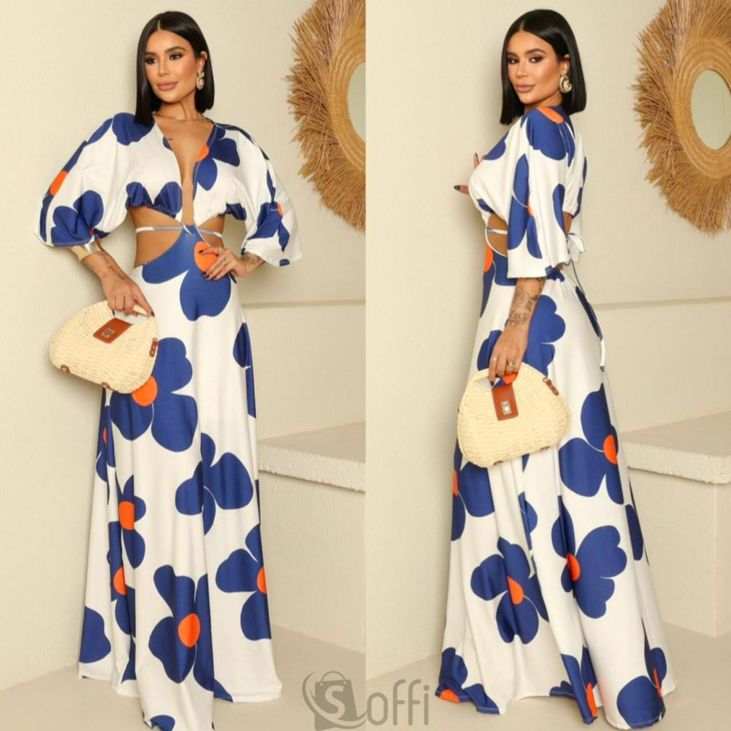 Vestido elegante decote longo moda 2025 réveillon, verão, farm, floral ...