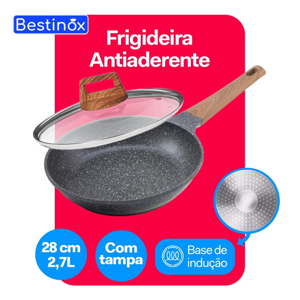 Frigideira Antiaderente 28cm Cerâmica Com Tampa Cabo De Madeira Jogo de ...