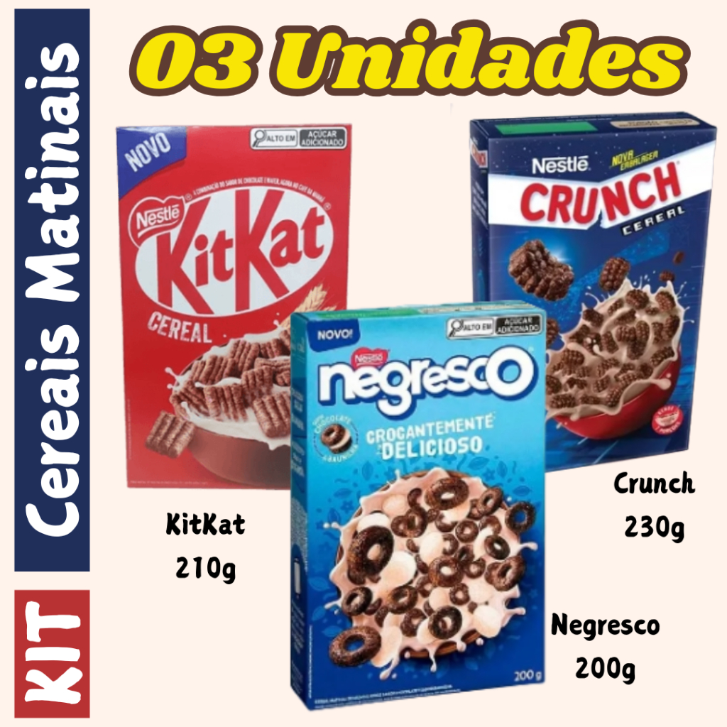 Kit Cereal matinal com 6 caixas: 2 Kit Kat 210g + 2 Negresco 200gr, 2 ...