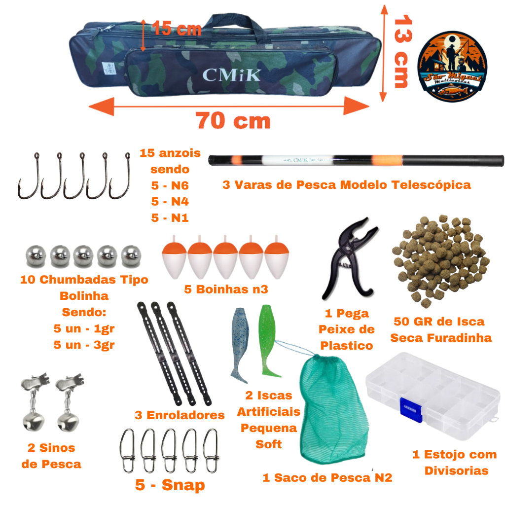 Kit Pesca Completo Vara de Pesca Bolsa P/ Vara Estojo Isca Anzol Chumb ...