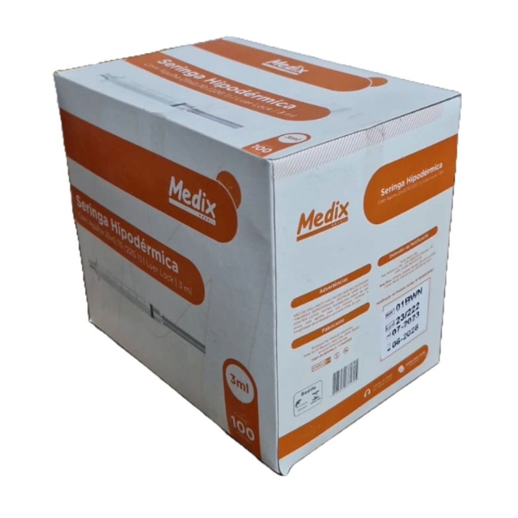 Seringa Medix 3ml C/ Agulha 22g 1 (0,7x25mm) - Luer Lock - 100unidades ...