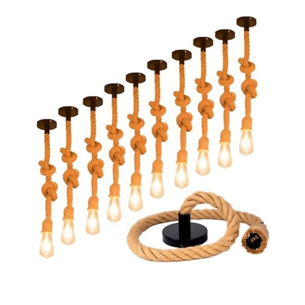 Lustre Luminária Pendente Design Rustico Corda Natural Bocal E27 kit ...