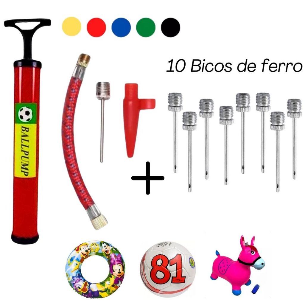 Bomba de Ar Manual com Acessórios + 10 Bicos de Metal para Encher Todo ...