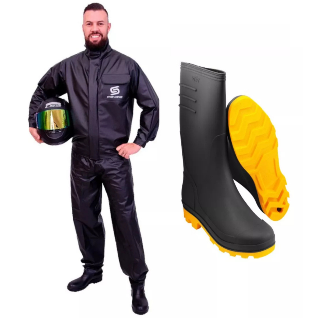 Kit Capa Roupa Chuva Pvc Motoqueiro Motoboy Impermeável + Bota Galocha ...