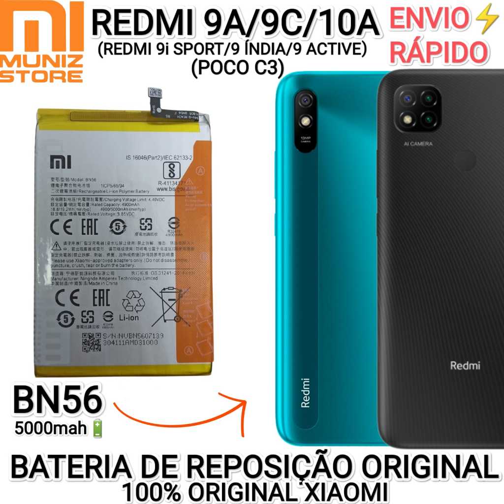 Bateria BN56 5000mah Redmi 9A/9C/10A/9i Sport/Índia/Active/Poco C3 de ...