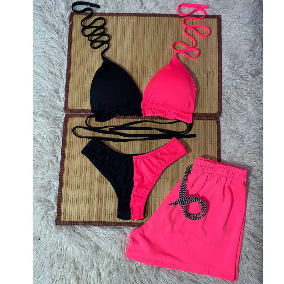 Biquini com Short conjunto no tecido suplex cores neón moda praia moda ...