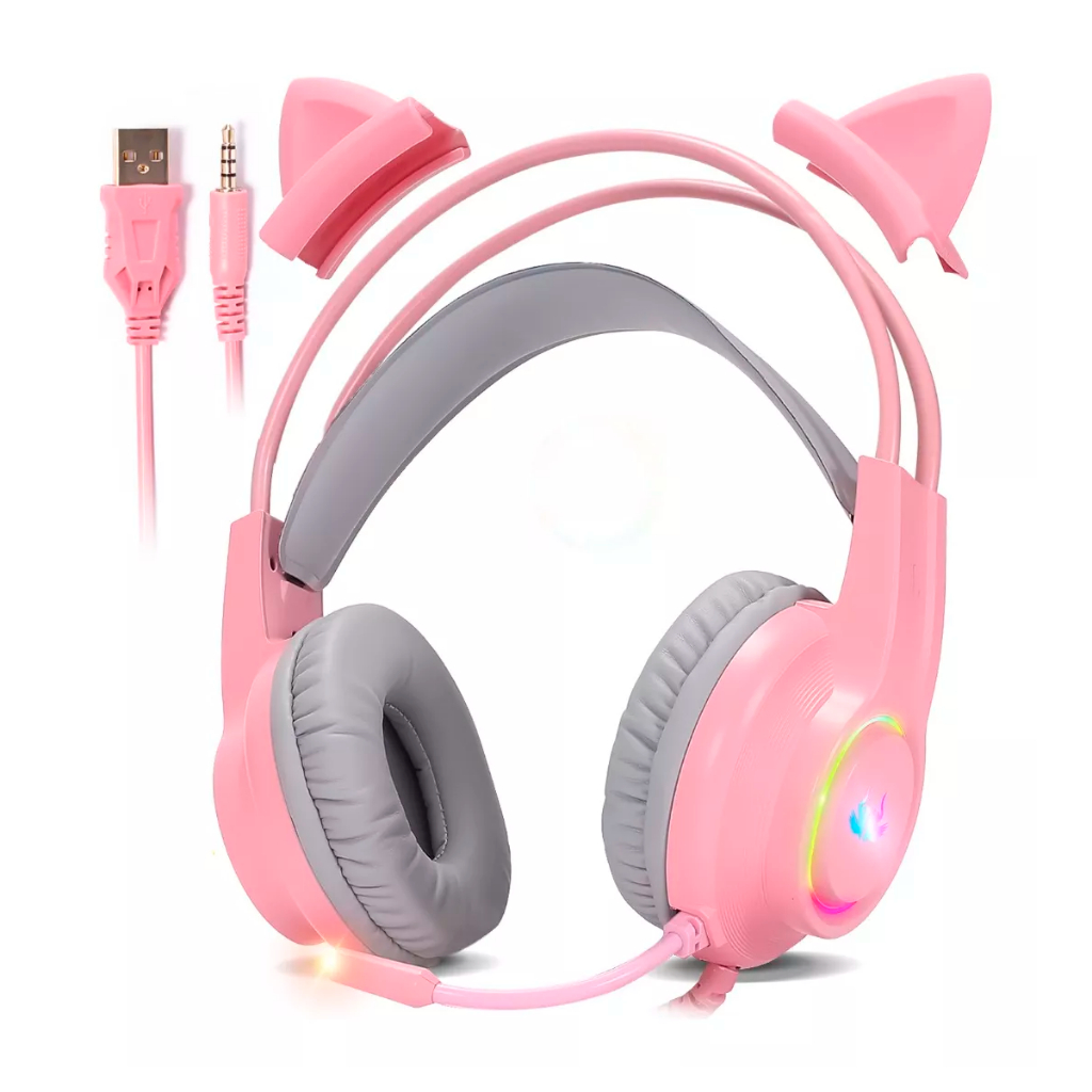 Headset Gamer Fone C/ Mic. Usb 2 P2 Rgb Gatinho Rosa Kp-ga04 | Shopee ...