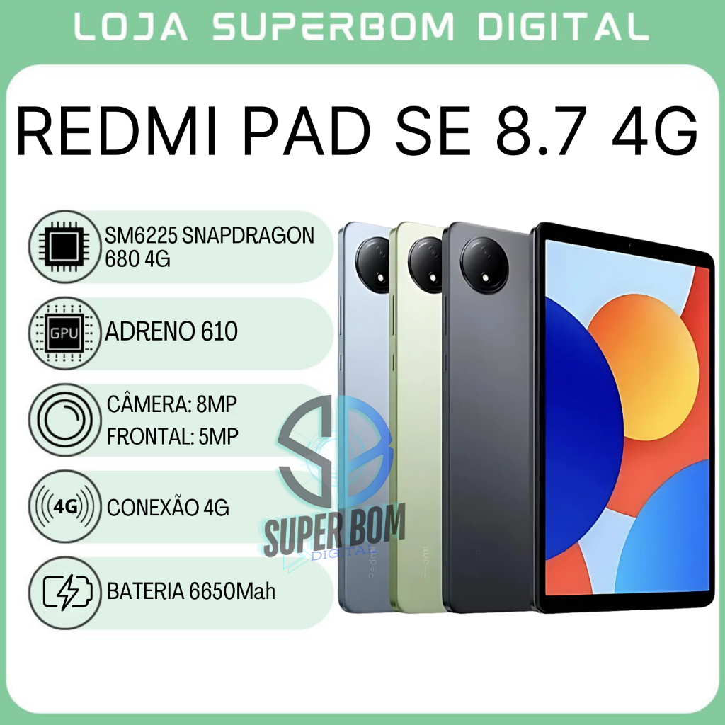 Tablet Redmi Pad SE 8.7 4G Câmera 8MP , Processador Qualcomm SM6225 ...