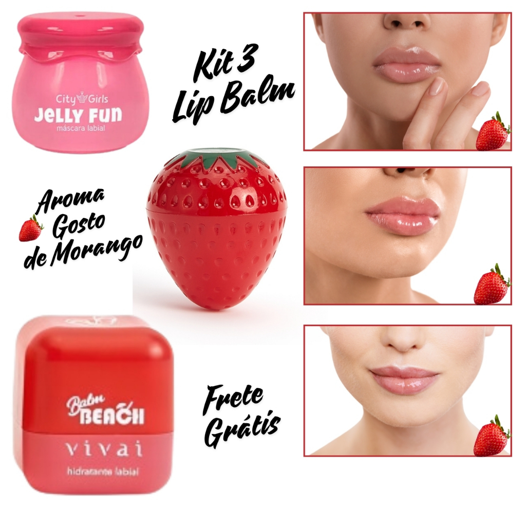 Kit 3 Lip Balm de Morango Lip Care Hidratante Labial Batom Gloss Vivai ...