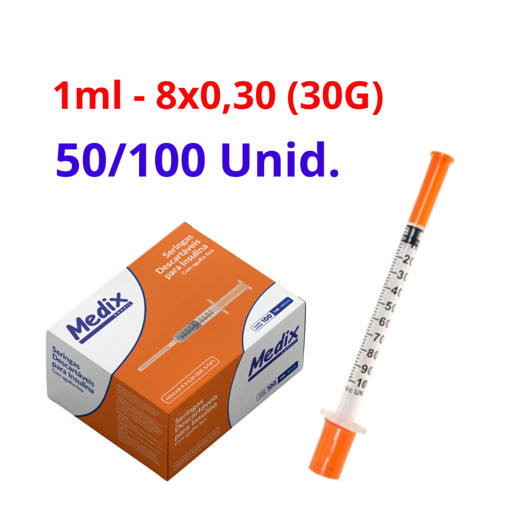 Seringa 1ml C/ Agulha 8x0,30 (30G) Medix - 50/100 Unid. | Shopee Brasil